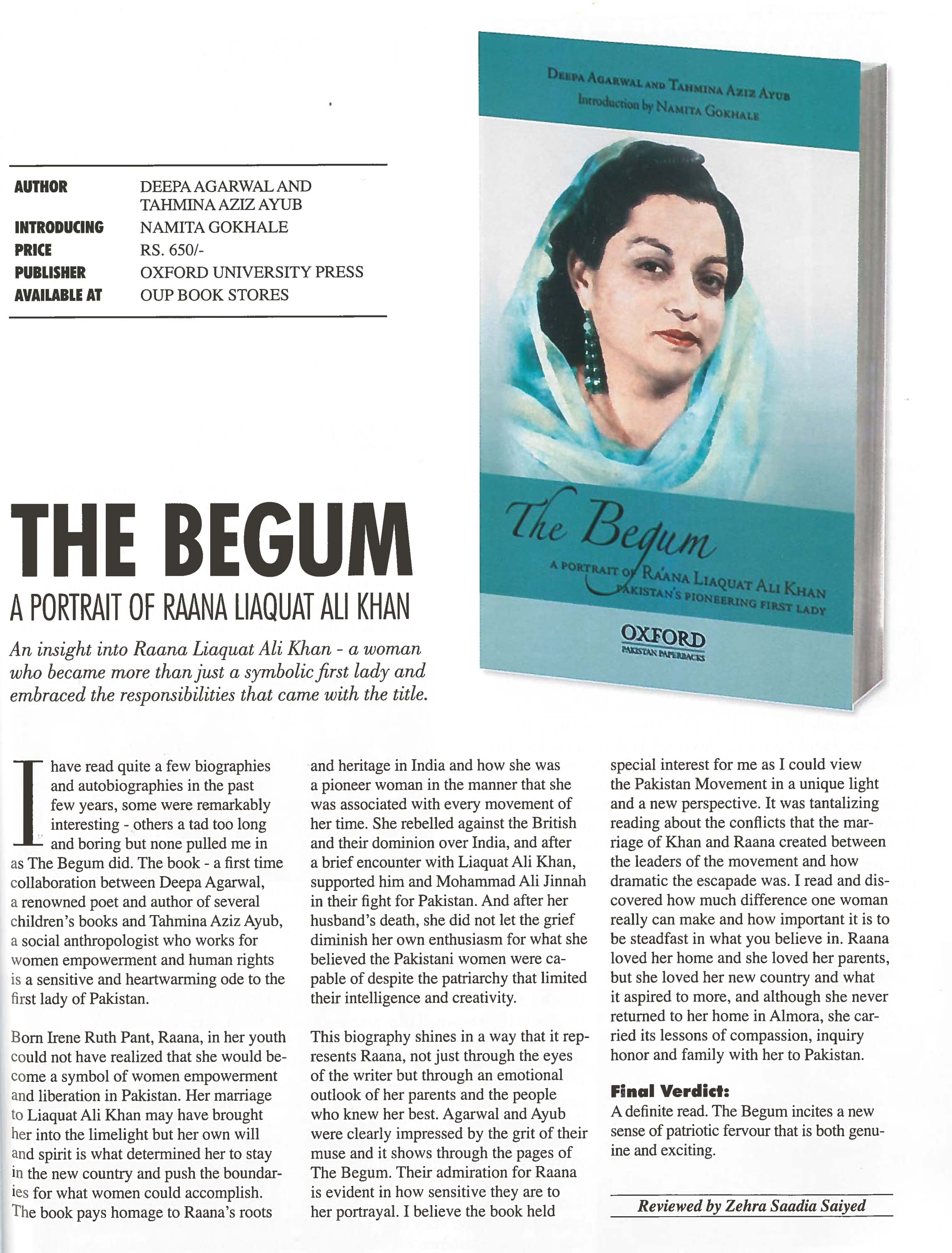 The Begum: A Portrait of Ra’ana Liaquat Ali Khan, Pakistan’s Pioneering ...